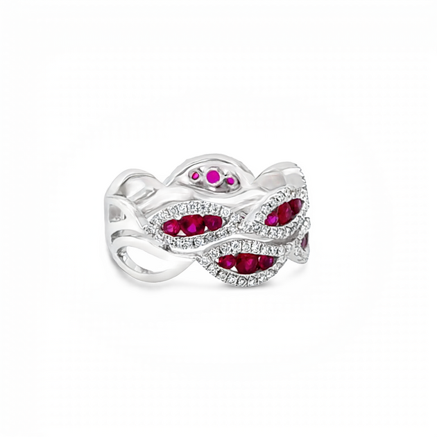 14k White Gold Round Ruby and Diamond Wave Anniversary Band (0.89ct ...